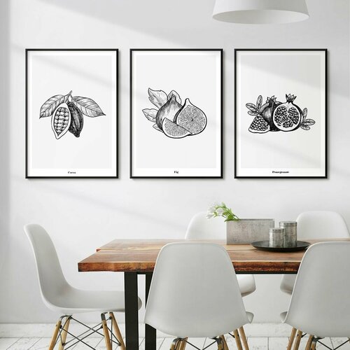 Плакат Постер 3 шт 40х50 без рамки "Фрукты для кухни минимализм (черно-белые рисунки)" набор картин для интерьера