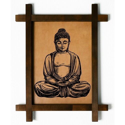 Картина Будда, гравировка на натуральной коже, интерьерная для украшения и декора на стену в деревянной раме, подарок, BoomGift