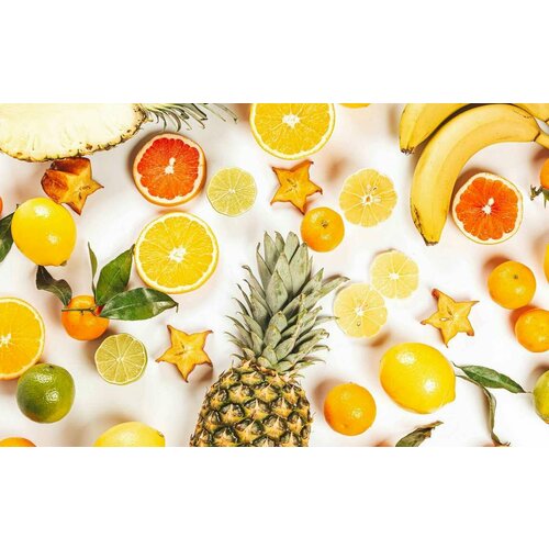 Картина на холсте 60x110 LinxOne "Фрукты, ананас, апельсин, мандарин" интерьерная для дома / на стену / на кухню / с подрамником