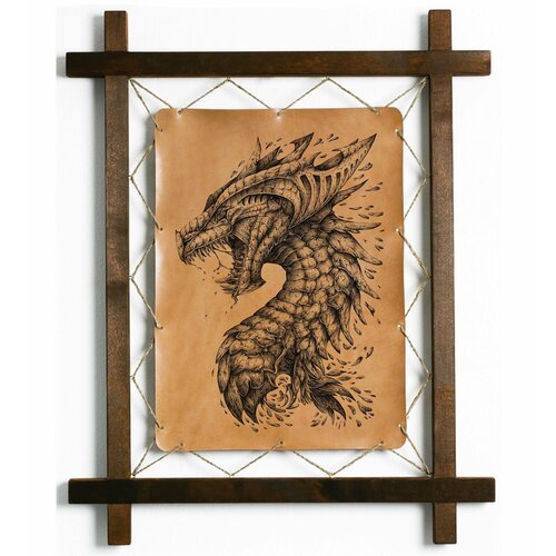Картина Зубастый дракон, гравировка на натуральной коже, интерьерная для украшения и декора на стену в деревянной раме, подарок, BoomGift