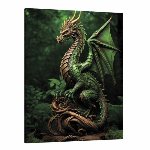 Интерьерная картина 50х70 "Зеленый деревянный дракон в сказочном лесу"