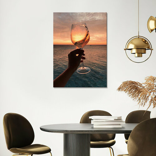 Картина/Картина на холсте для интерьера/Картина на стену/Картина для кухни/ - Бокал белого вина на фоне моря 30х40
