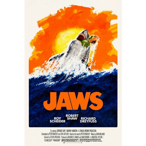 Плакат, постер на холсте Челюсти (Jaws, 1975г). Размер 21 на 30 см