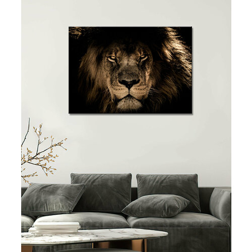 Картина - Лев, лев царь зверей, грозный лев, грива льва, лев на черном фоне (46) 20х30