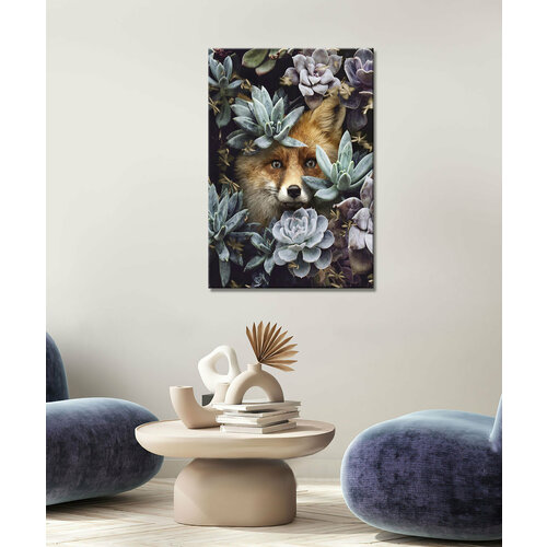 Картина - Лиса, лис, лисы, лисичка, лисенок, лисица, рыжая лиса, лиса в лесу, лиса в цветах (37) 20х30