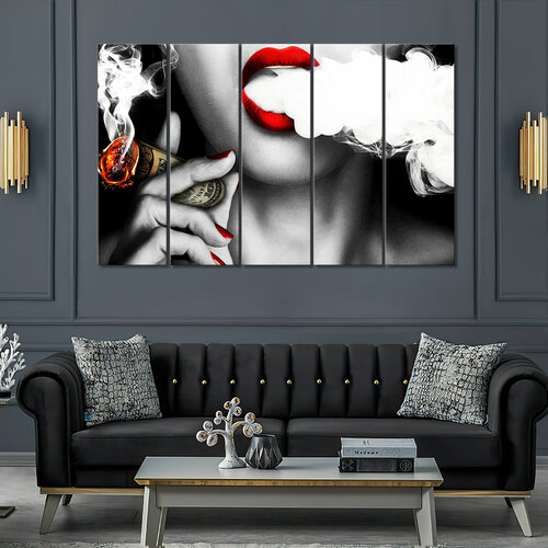 Модульная картина/Модульная картина на холсте/Модульная картина в подарок/ Красные губы с дымом/Red lips with smoke125х80