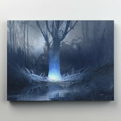 Интерьерная картина на холсте "Дерево светится синим светом в лесу" размер 30x22 см