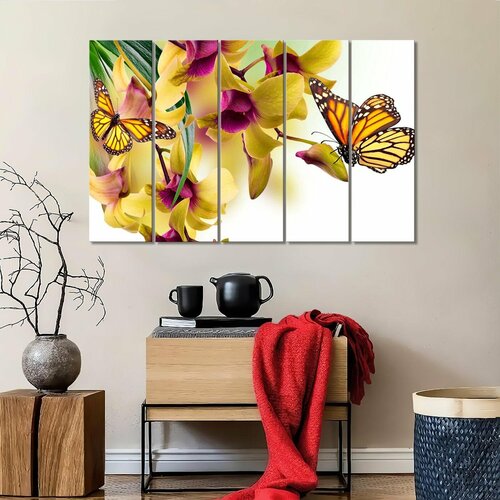 Модульная картина/Модульная картина на холсте/Модульная картина в подарок/ Бабочки а жёлтых цветах - Butterflies in yellow flowers 150х100