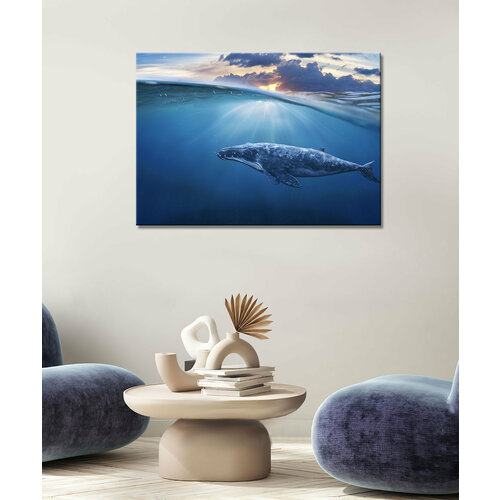 Картина - кит, синий кит, кит в океане, огромный кит, кит в воде (18) 60х80