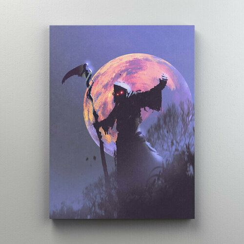 Интерьерная картина на холсте "Смерть с косой на фоне красной полной луны" размер 22x30 см