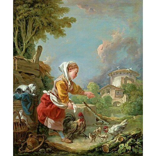 "Девочка, кормящая домашнюю птицу", Буше, Франсуа, картина (репродукция) (30х36 см / на подрамнике)