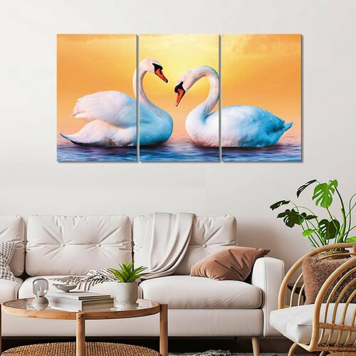 Модульная картина/Модульная картина на холсте/Модульная картина в подарок/ Два белых лебедя на закате - Two white swans at sunset 90х50