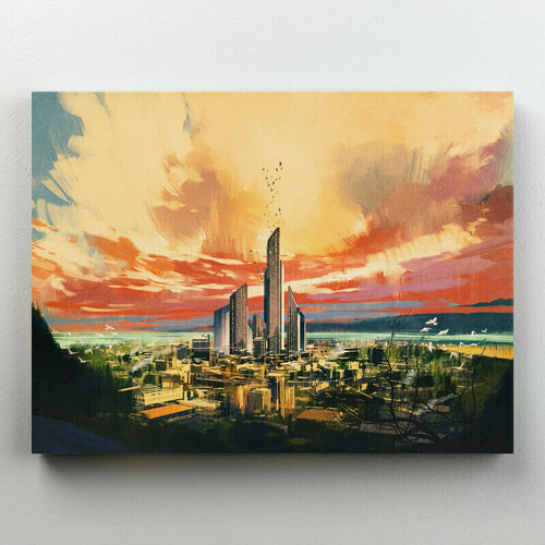 Интерьерная картина на холсте "Живопись - футуристический город на закате" размер 60x45 см