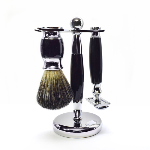 Мужской набор для бритья Premium черный: бритвенный станок, помазок, подставка
