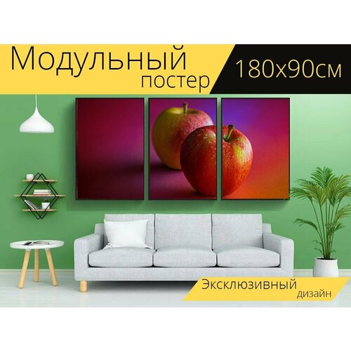 Модульный постер "Яблоки, капли росы, пара" 180 x 90 см. для интерьера