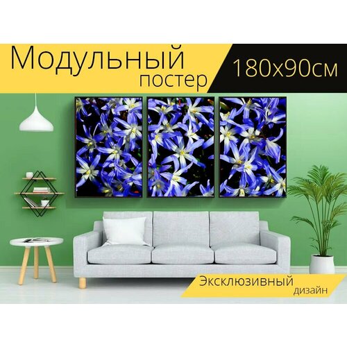 Модульный постер "Цветы, мои звездочки, синий" 180 x 90 см. для интерьера