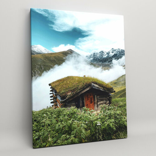 Картина на холсте (интерьерный постер) "Зеленый домик в горах" природа, пейзаж, с деревянным подрамником, размер 30x40 см