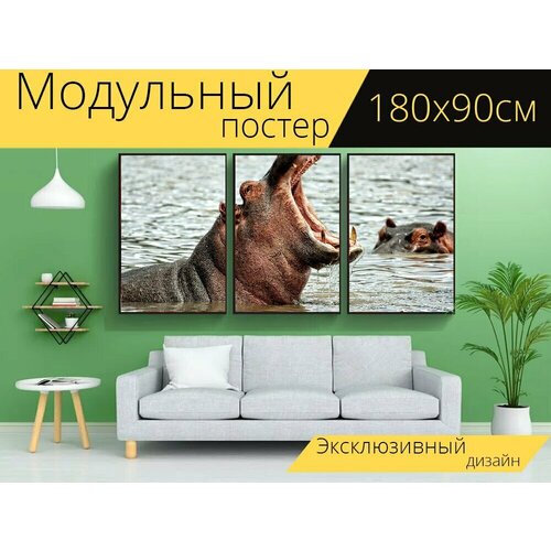 Модульный постер "Бегемот, животные, африке" 180 x 90 см. для интерьера