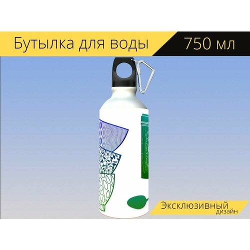 Бутылка фляга для воды "Чашки чая, зеленый чай, ложка" 750 мл. с карабином и принтом