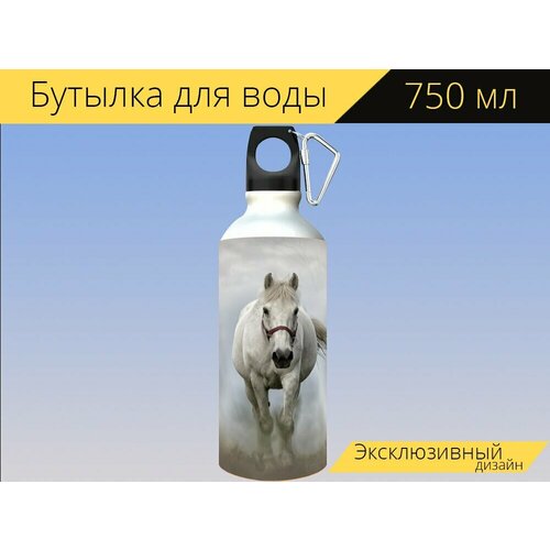 Бутылка фляга для воды "Лошадь, млекопитающее, белая лошадь" 750 мл. с карабином и принтом