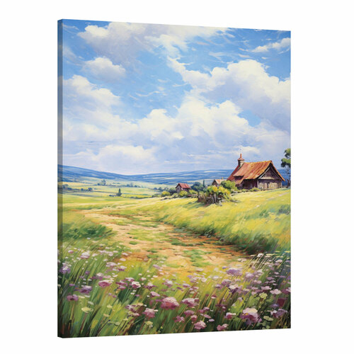 Интерьерная картина 50х70 "Пейзаж с лугом и соломенными крышами"