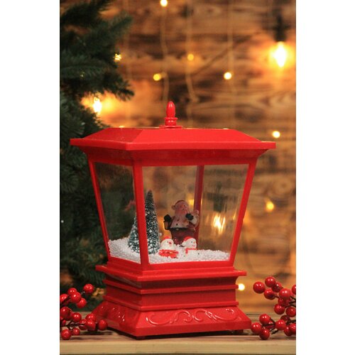 Декоративный новогодний фонарь со снегом, красный, 30см