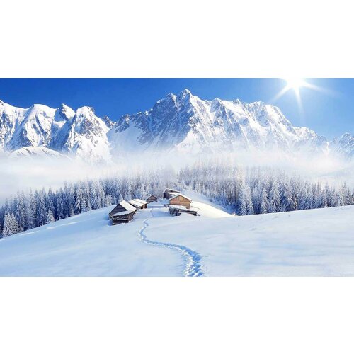 Картина на холсте 60x110 LinxOne "Домики туман снег тропинка" интерьерная для дома / на стену / на кухню / с подрамником