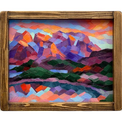 Горный пейзаж картина маслом в раме 23х28 см ручная работа авторская живопись природа озеро в горах