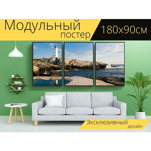 Модульный постер "Маяк, океан, море" 180 x 90 см. для интерьера