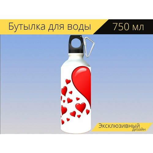 Бутылка фляга для воды "Сердца, тащить, валентинка" 750 мл. с карабином и принтом