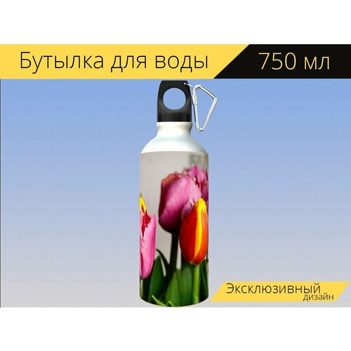 Бутылка фляга для воды "Тюльпаны, цветы, букет" 750 мл. с карабином и принтом