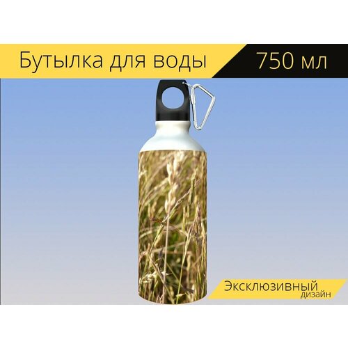 Бутылка фляга для воды "Колосья, ветер, поле" 750 мл. с карабином и принтом