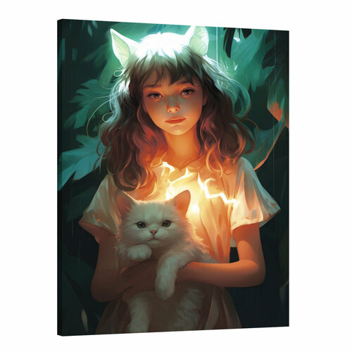 Интерьерная картина 50х70 "Девочка-кошка и кот"