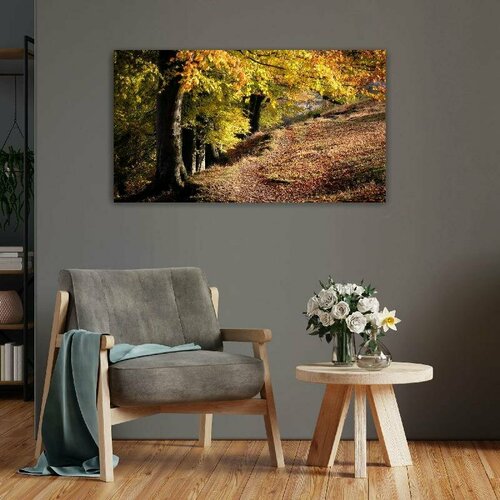 Картина на холсте 60x110 LinxOne "Деревья на берегу реки осенью" интерьерная для дома / на стену / на кухню / с подрамником