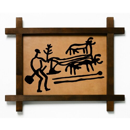 Картина Наскальный рисунок 2, гравировка на натуральной коже, интерьерная для украшения и декора на стену в деревянной раме, подарок, BoomGift