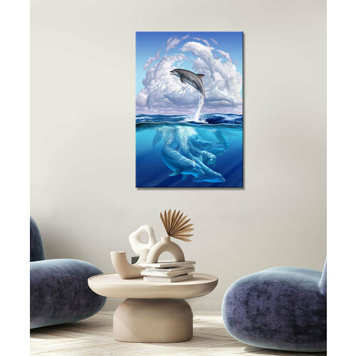 Картина - дельфин, экзотический дельфин, дельфин арт, дельфины в облаках, дельфин в море (31) 50х70