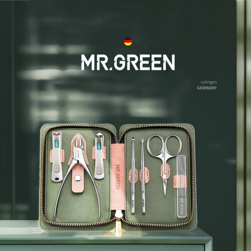 MR.GREEN Маникюрный набор 7 в 1 , из нержавеющей стали в кожаном футляре Розовый/зеленый