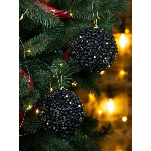 Новогодние шары на елку 10см 2шт "Черные пузырьки со звездами"