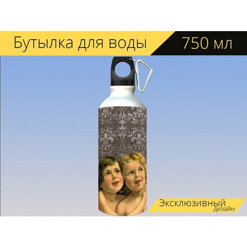 Бутылка фляга для воды "Винтаж, ангелы, херувим" 750 мл. с карабином и принтом