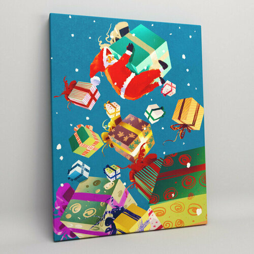 Картина на холсте (интерьерный постер) "Санта Клаус и его подарки", с деревянным подрамником, размер 30x40 см