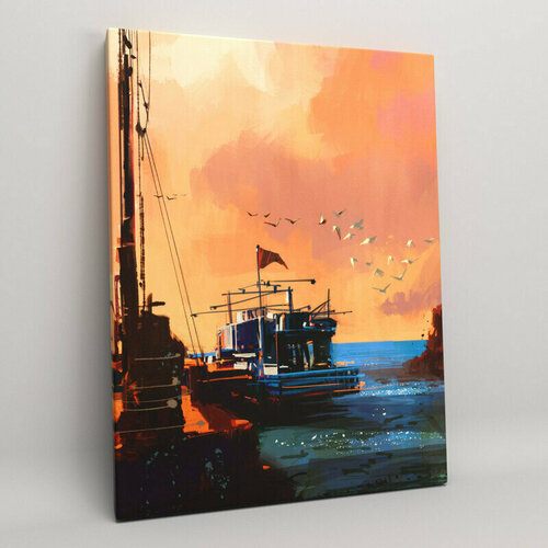 Картина на холсте (интерьерный постер) "Рыболовное судно в порту", с деревянным подрамником, размер 30x40 см