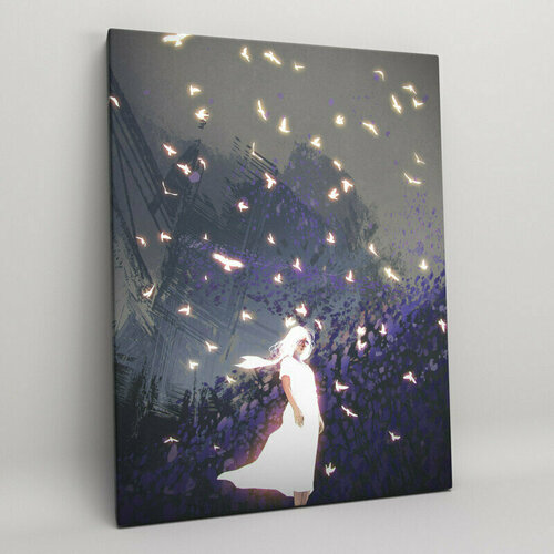 Картина на холсте (интерьерный постер) "Девушка в очках среди светящихся птиц", с деревянным подрамником, размер 30x40 см