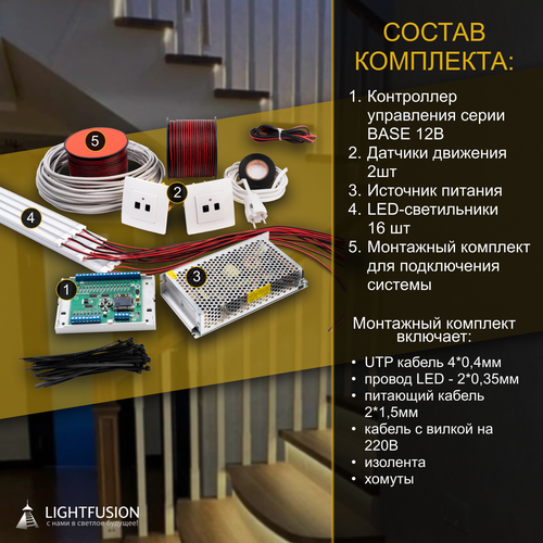 Комплект подсветки лестницы на 16 ступеней (L-1000 мм) с датчиками движения (цвет - черный), тип свечения - холодный белый (6000К)