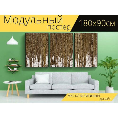 Модульный постер "Березки, лес, зима" 180 x 90 см. для интерьера