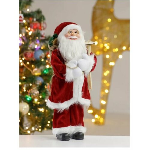 Игрушка "Дед Мороз" (бордовый костюм, белый орнамент, с мешком с подарками), 45 см 221825