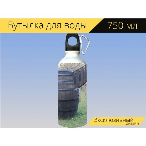 Бутылка фляга для воды "Винная бочка, бочка, деревянная бочка" 750 мл. с карабином и принтом