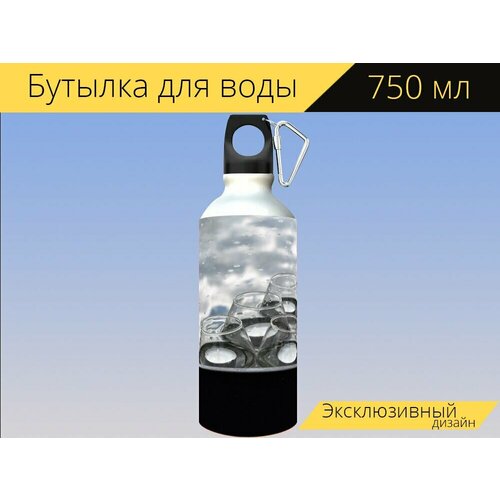 Бутылка фляга для воды "Свечи плавающие, пруд, зеркальное изображение" 750 мл. с карабином и принтом