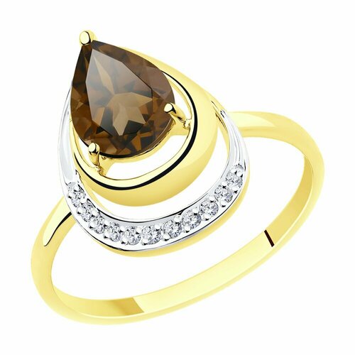 Кольцо Diamant, желтое золото, 585 проба, раухтопаз, фианит, размер 17.5, золото