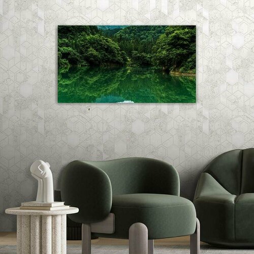 Картина на холсте 60x110 LinxOne "Nature forest reflection lake" интерьерная для дома / на стену / на кухню / с подрамником