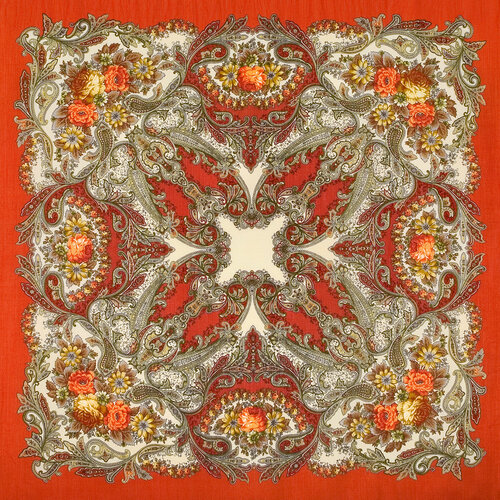 Платок Павловопосадская платочная мануфактура,125х125 см, бежевый, оранжевый